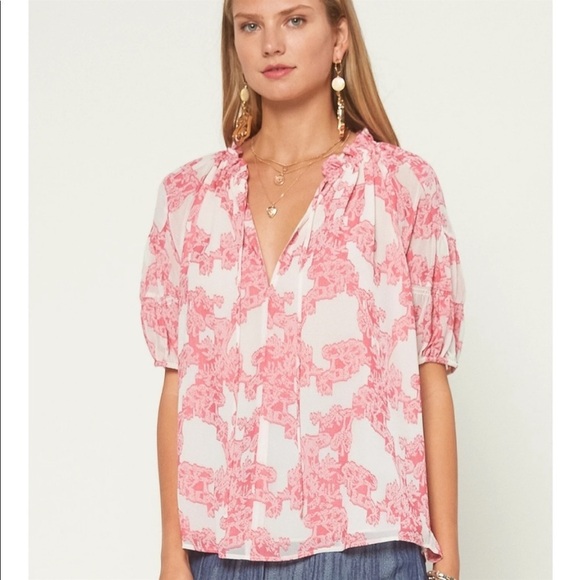Current Air | Tops | Current Air Pink White Puff Sleeve Blouse Top ...